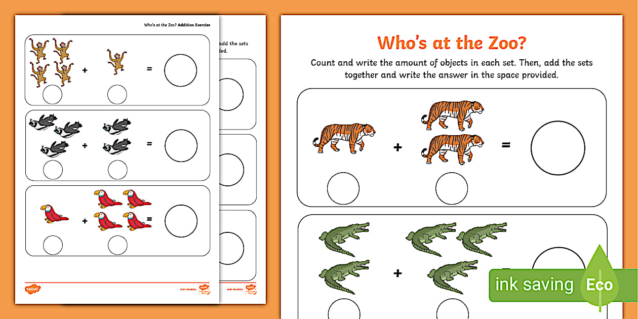 Who's at the Zoo? Addition Worksheet / Worksheet - Twinkl