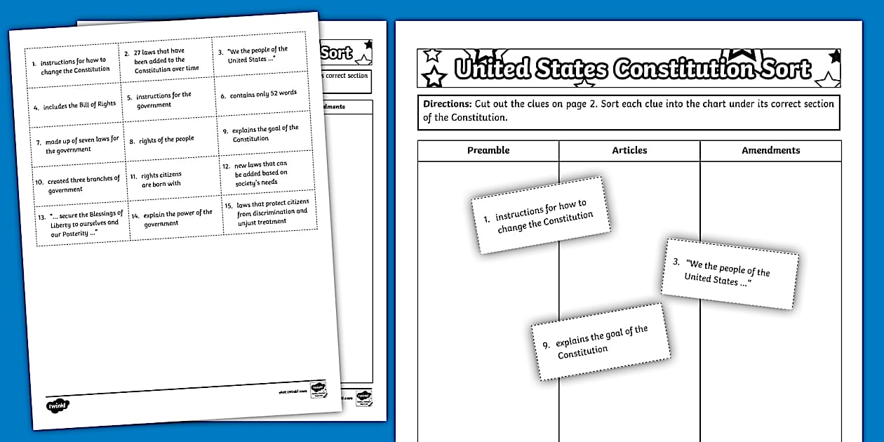 Sixth Grade United States Constitution Sorting Worksheet