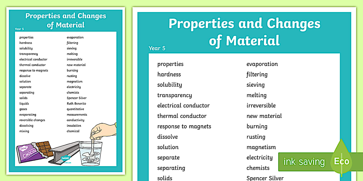 Editable Year 5 Properties and Changes of Materials Vocabulary Poster