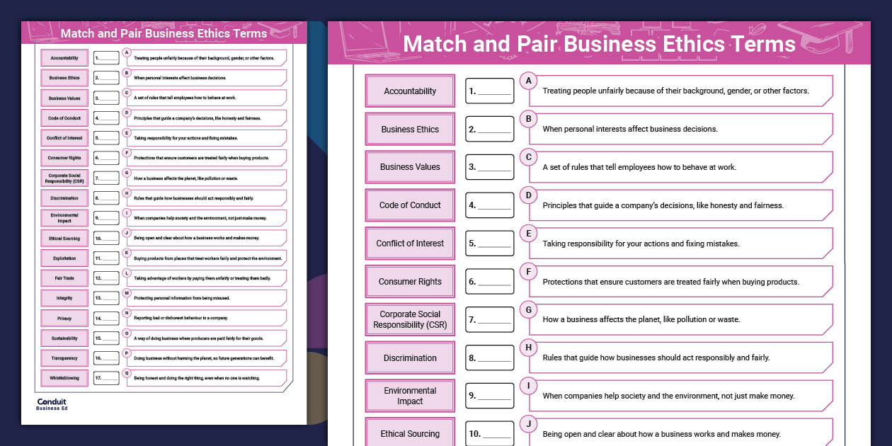 Match and Pair Business Ethics Key Terms (teacher made)