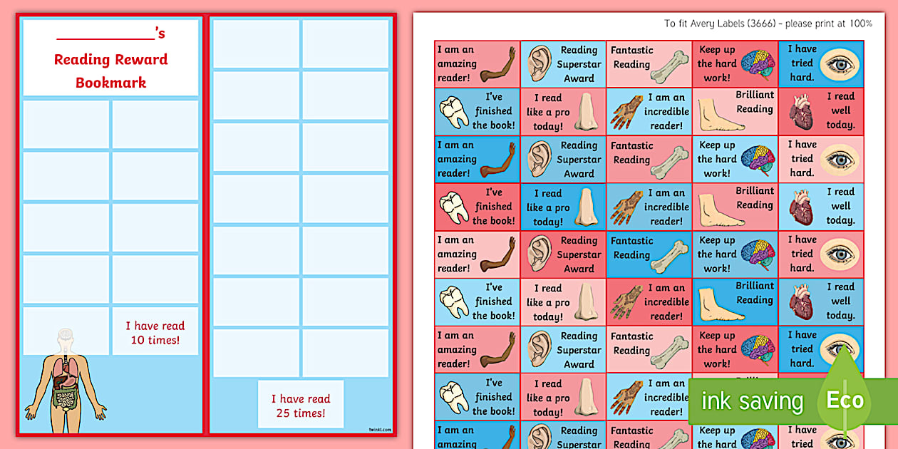 KS2 Human Body Themed Reading Sticker Reward Bookmarks