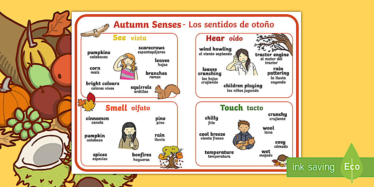 Autumn Senses Word Mat English/Spanish - Twinkl