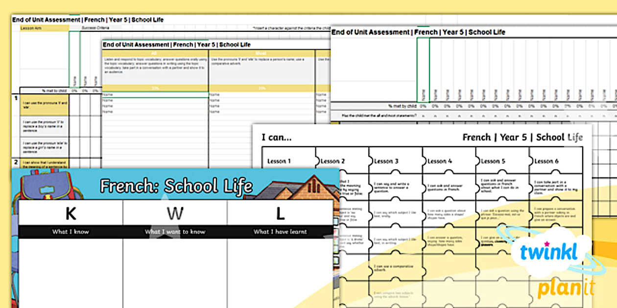 French: School Life Year 5 Assessment Pack - Twinkl