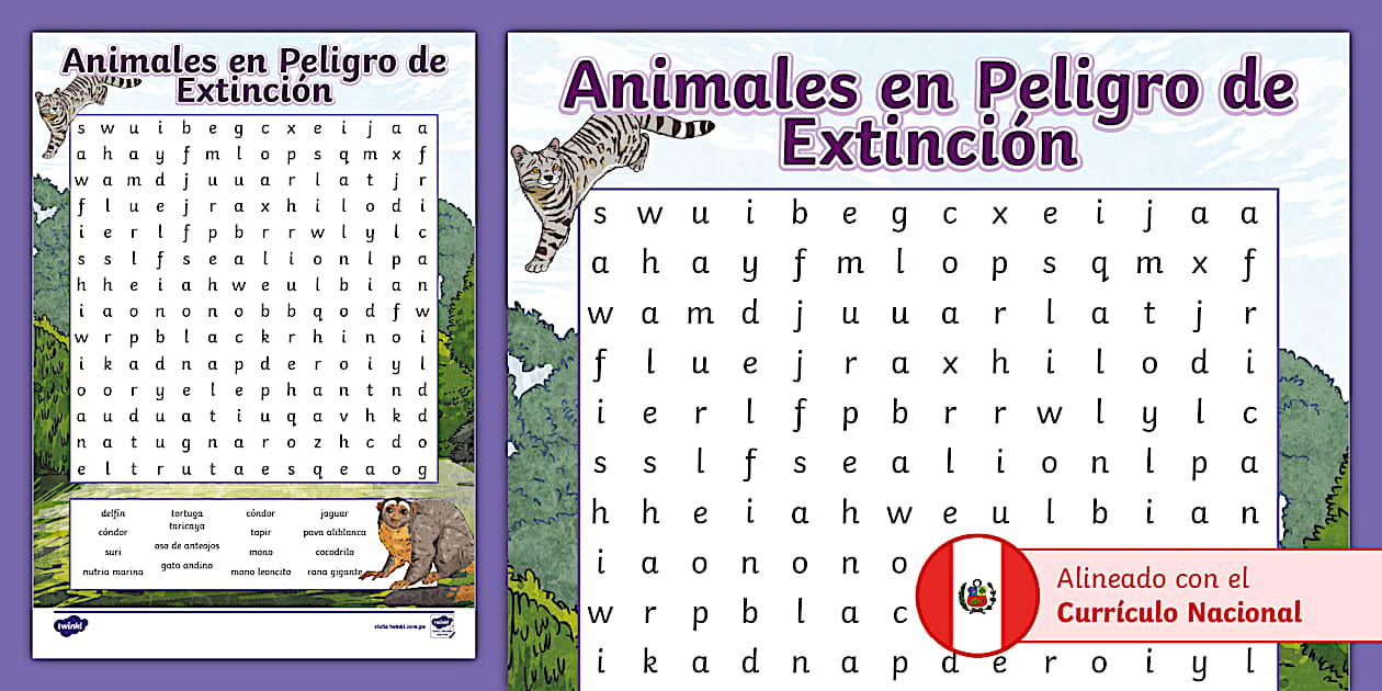Sopa de letras de Animales del Perú en Peligro de Extinción para ...