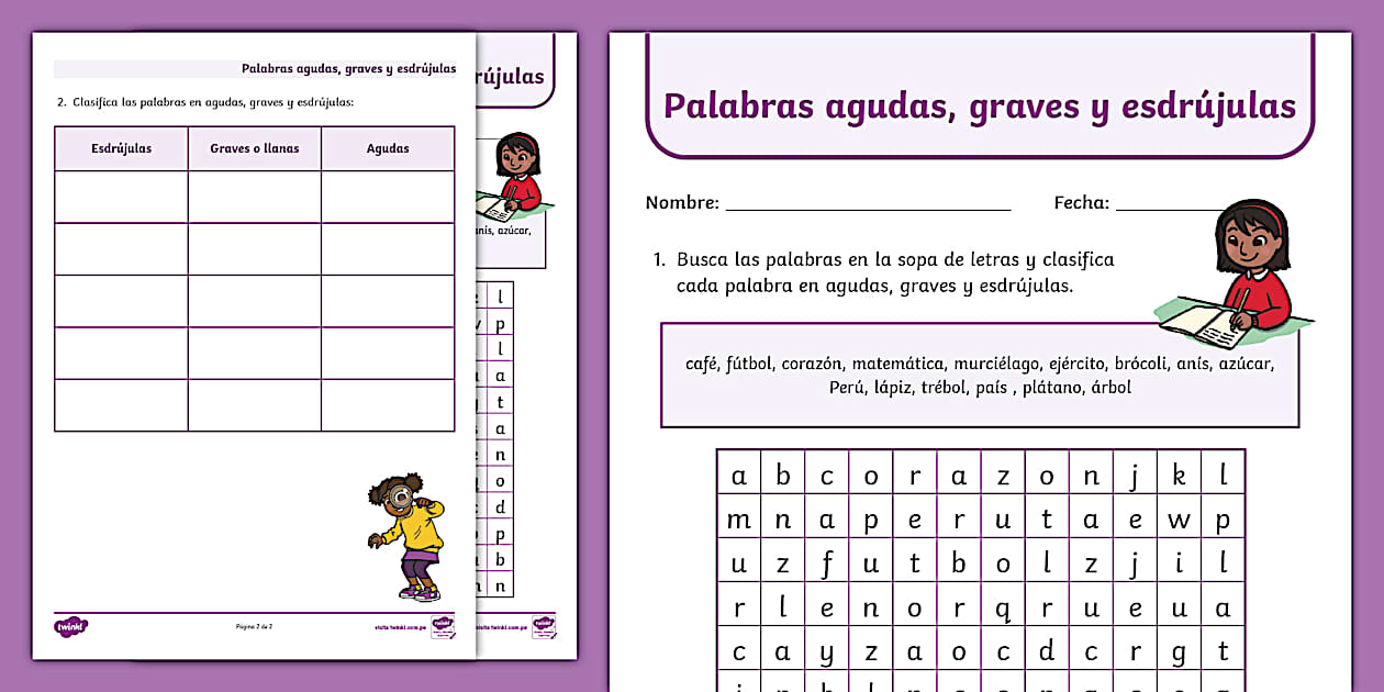 Ficha de actividad: Sopa de letras de palabras agudas, graves y esdrújulas