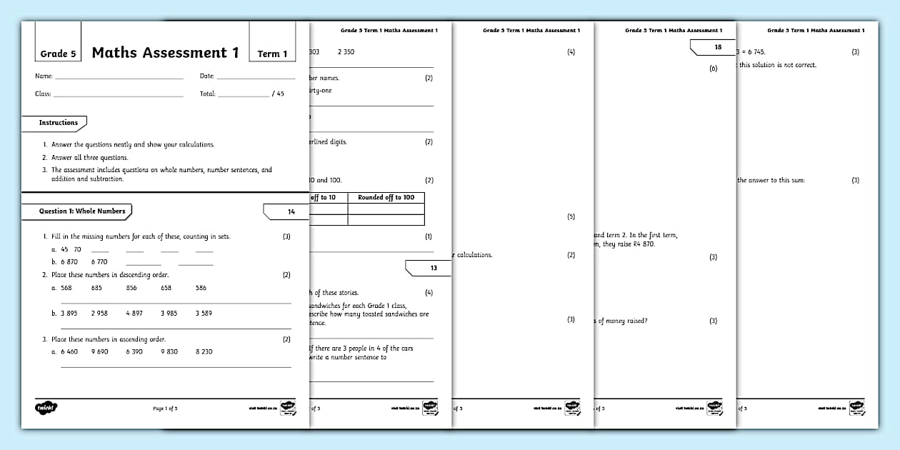 Grade 5 Term 1 Maths Test And Memo | Intermediate Phase