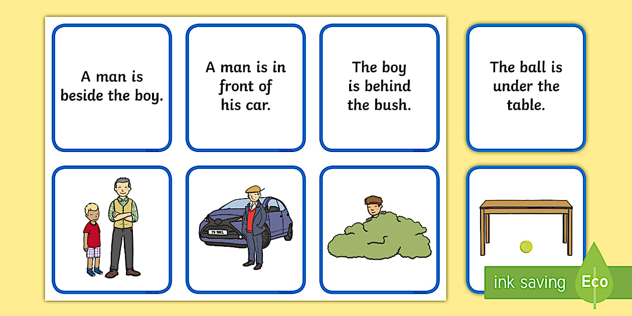 Black and White Preposition with Pictures and Sentences Matching Activity