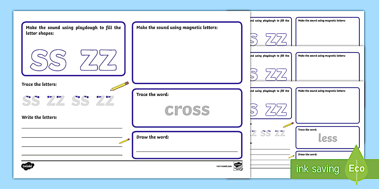 'ss' and 'zz' Sound Make, Read and Write Activity Mat