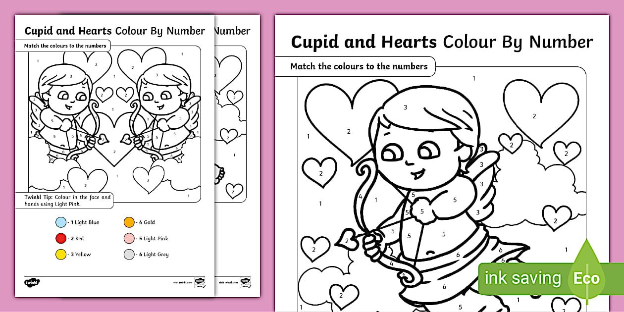 Cupid and Hearts Colour-by-Number Pages | Twinkl | KS1