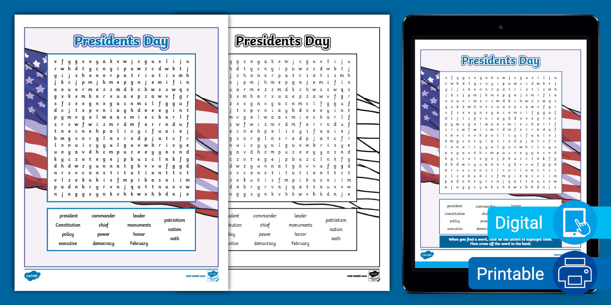 Presidents Day Word Search for 3rd-5th Grade - Twinkl