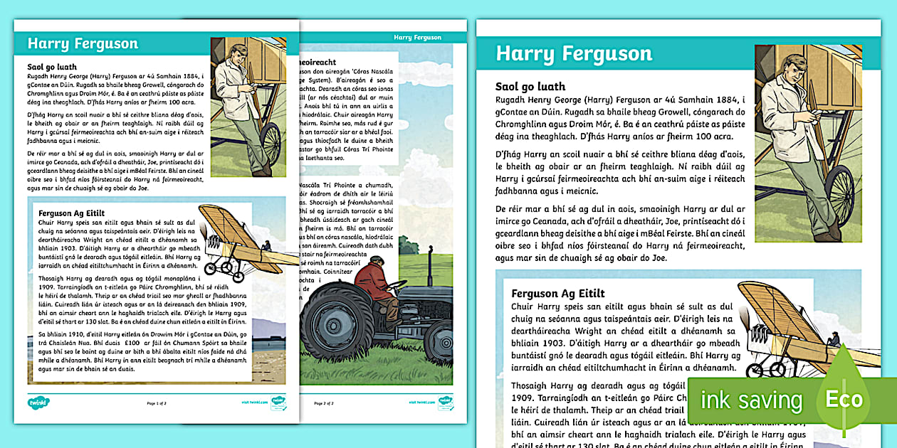 Black and White Harry Ferguson Fact File Gaeilge - Twinkl