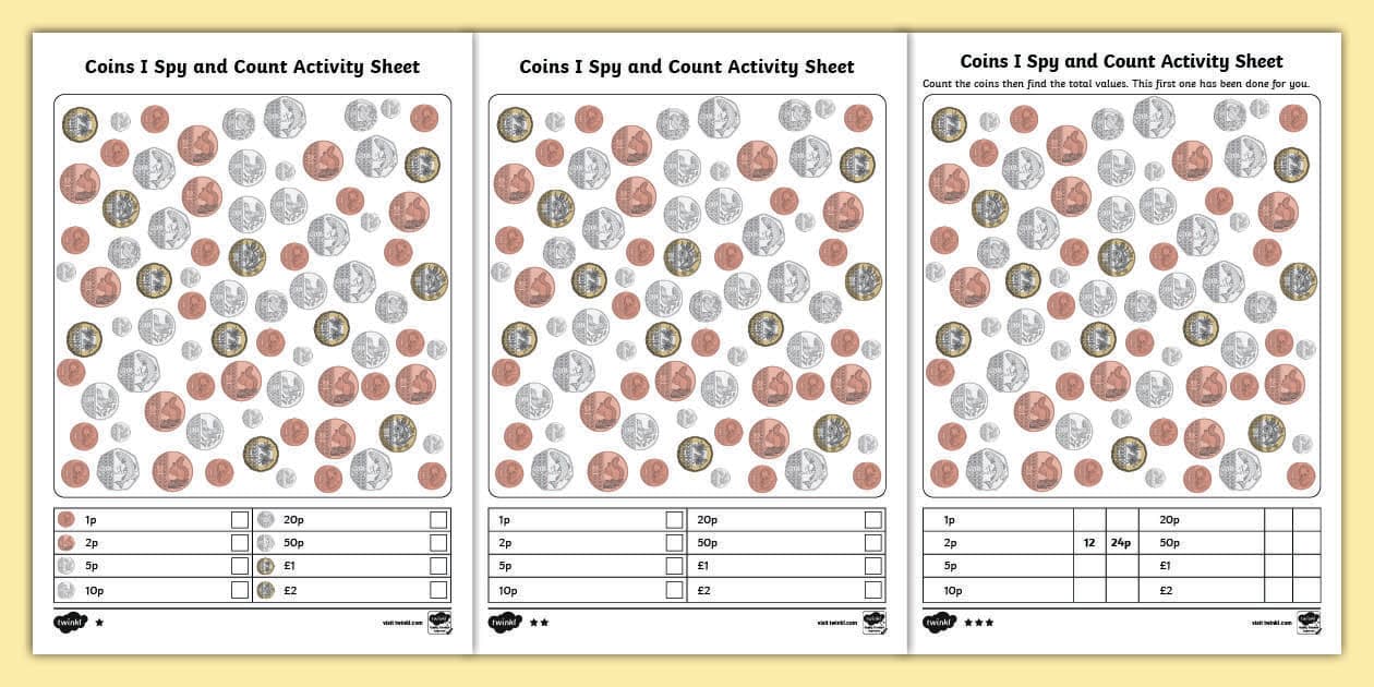 Coins I Spy and Count Activity Sheet (teacher made) - Twinkl