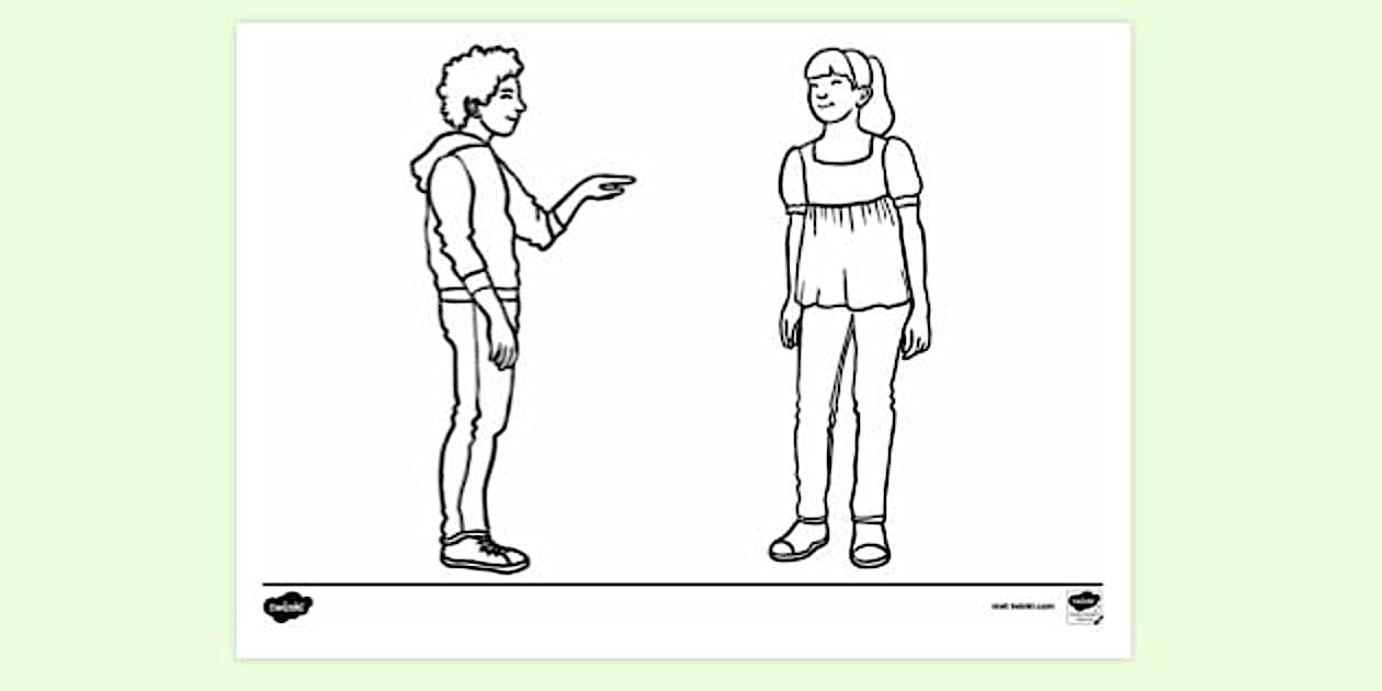 Person Pointing At Another Person Colouring Sheet | Twinkl