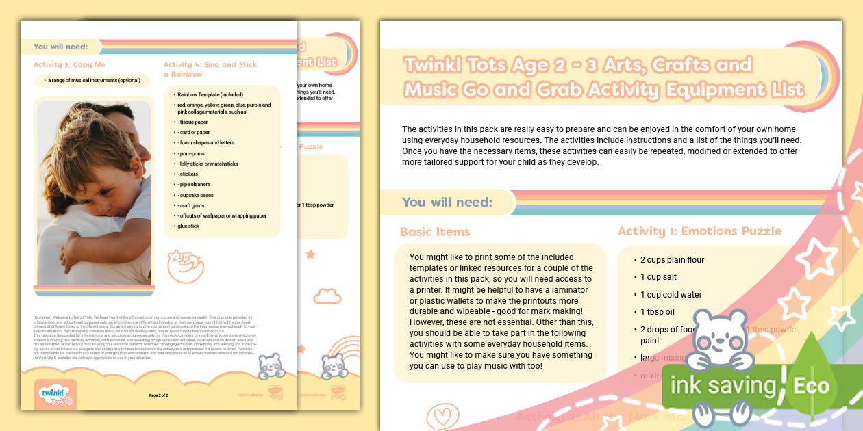 2-3 Years Arts, Crafts and Music Equipment List