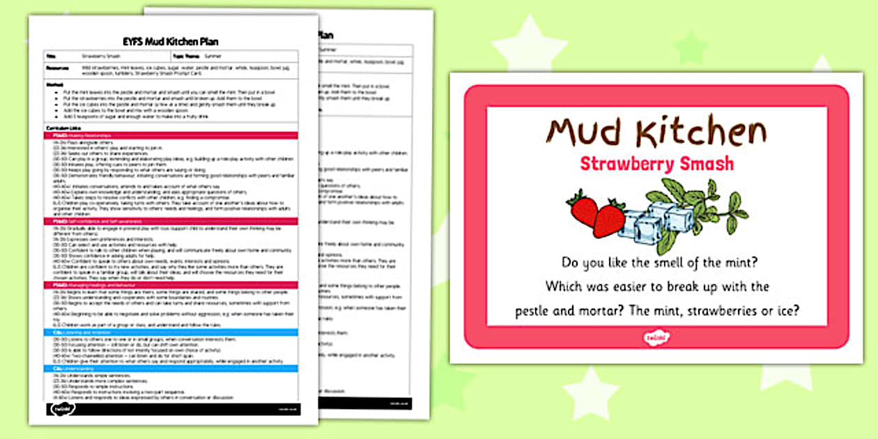 Black and White Strawberry Smash EYFS Mud Kitchen Plan and Prompt Card Pack