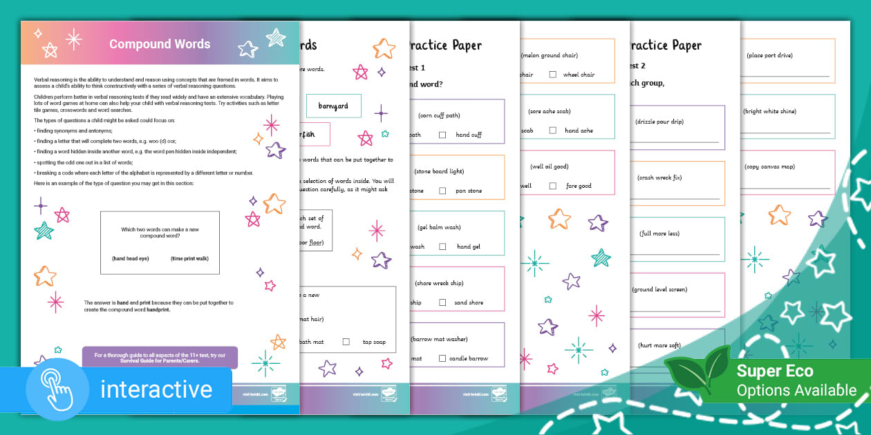 11 + Verbal Reasoning Practice Paper: Compound Words Test 2 Assessment Pack