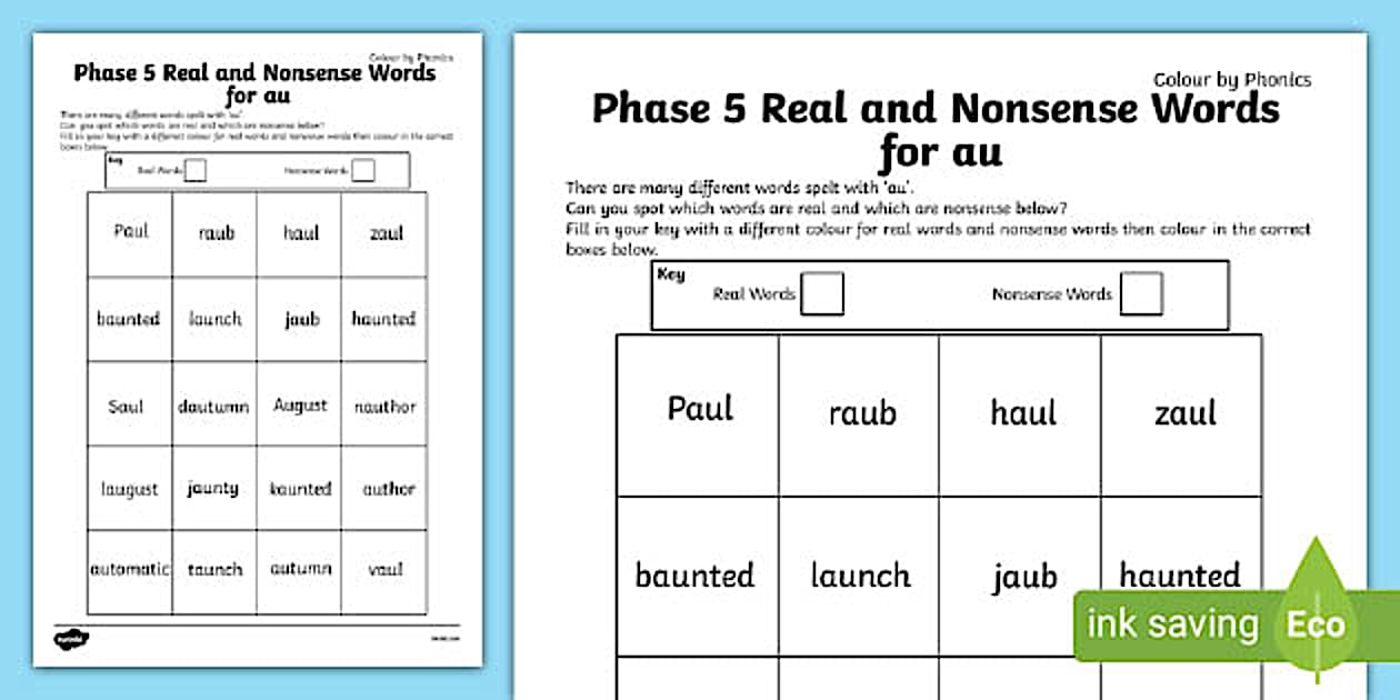 Editable Phase 5 'au' Colour by Phoneme Nonsense and Real Words