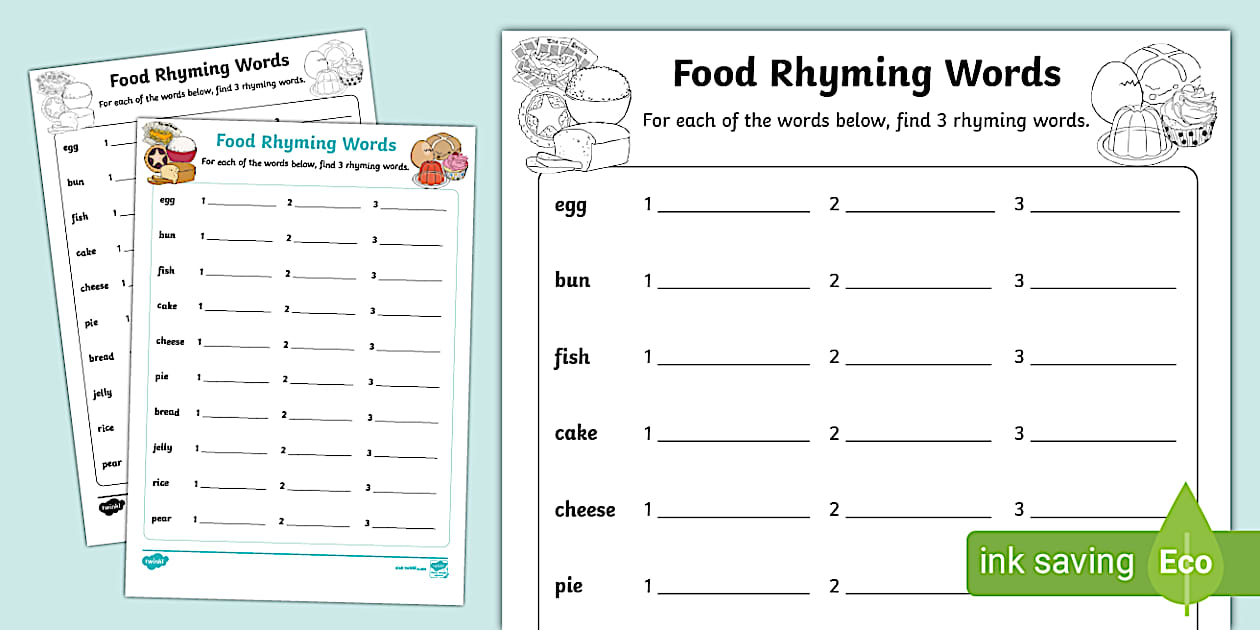 Food Rhyming Words Worksheet (teacher made) - Twinkl