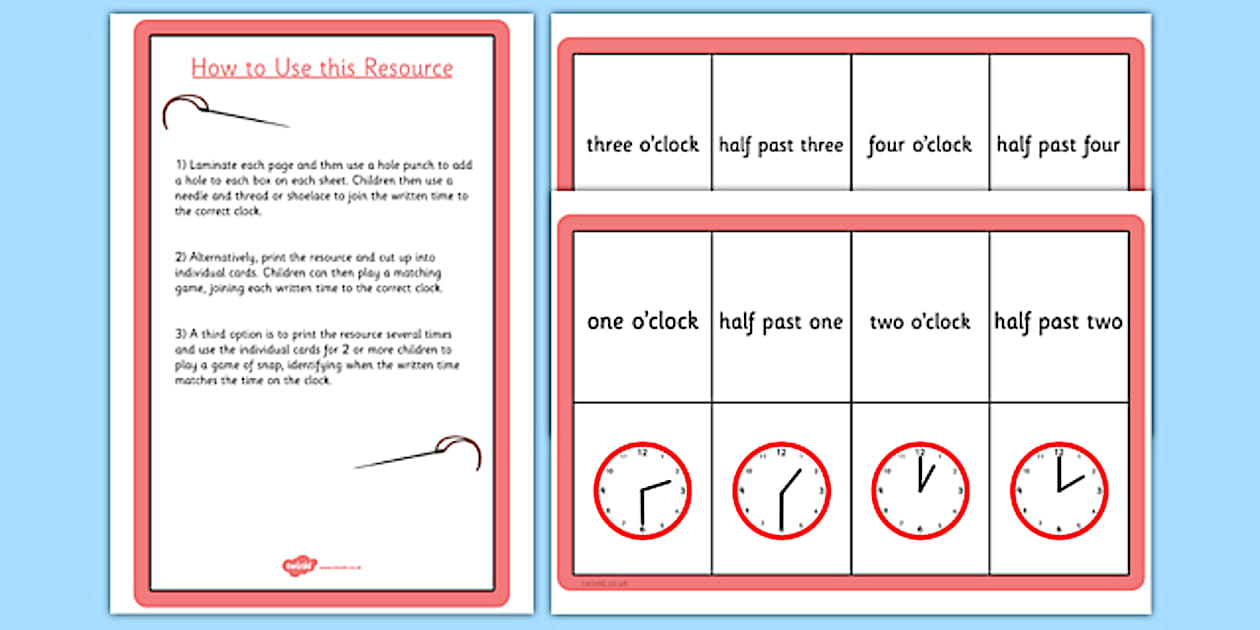 O Clock and Half Past Matching Threading Cards - Twinkl