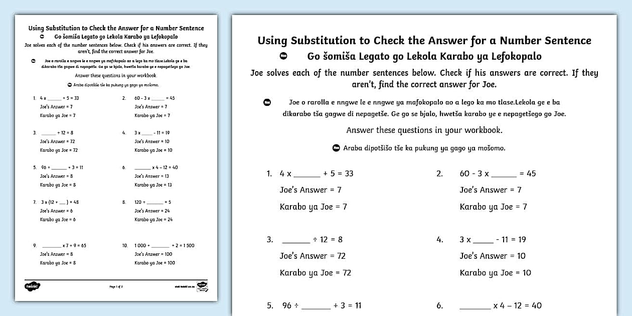 Substitution to Check the Answer for Number Sentence Sepedi