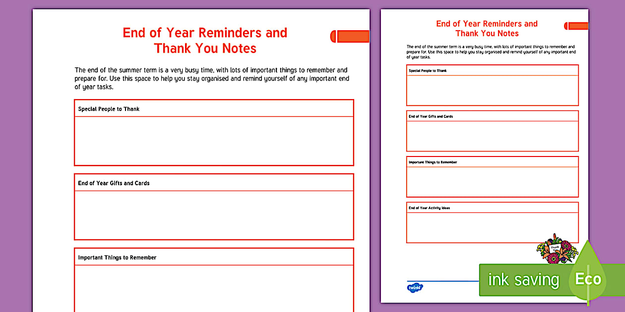 Editable End of Year Reminders and Thank You Notes - Twinkl