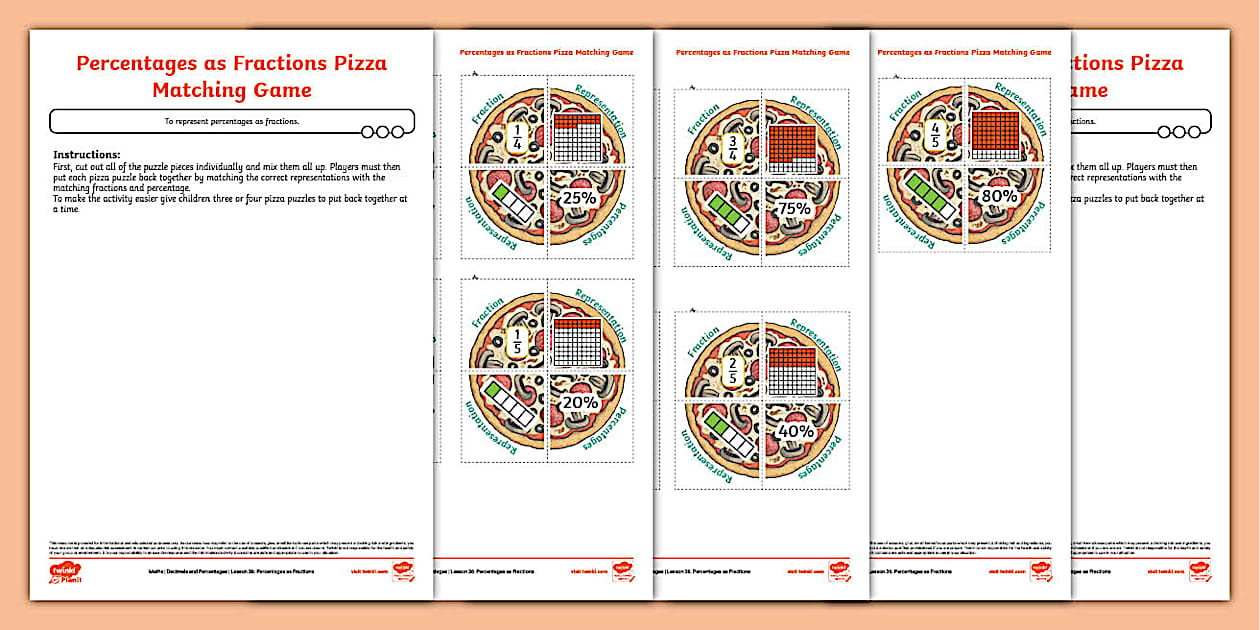 👉 Percentages as Fractions Pizza Matching Maths Game