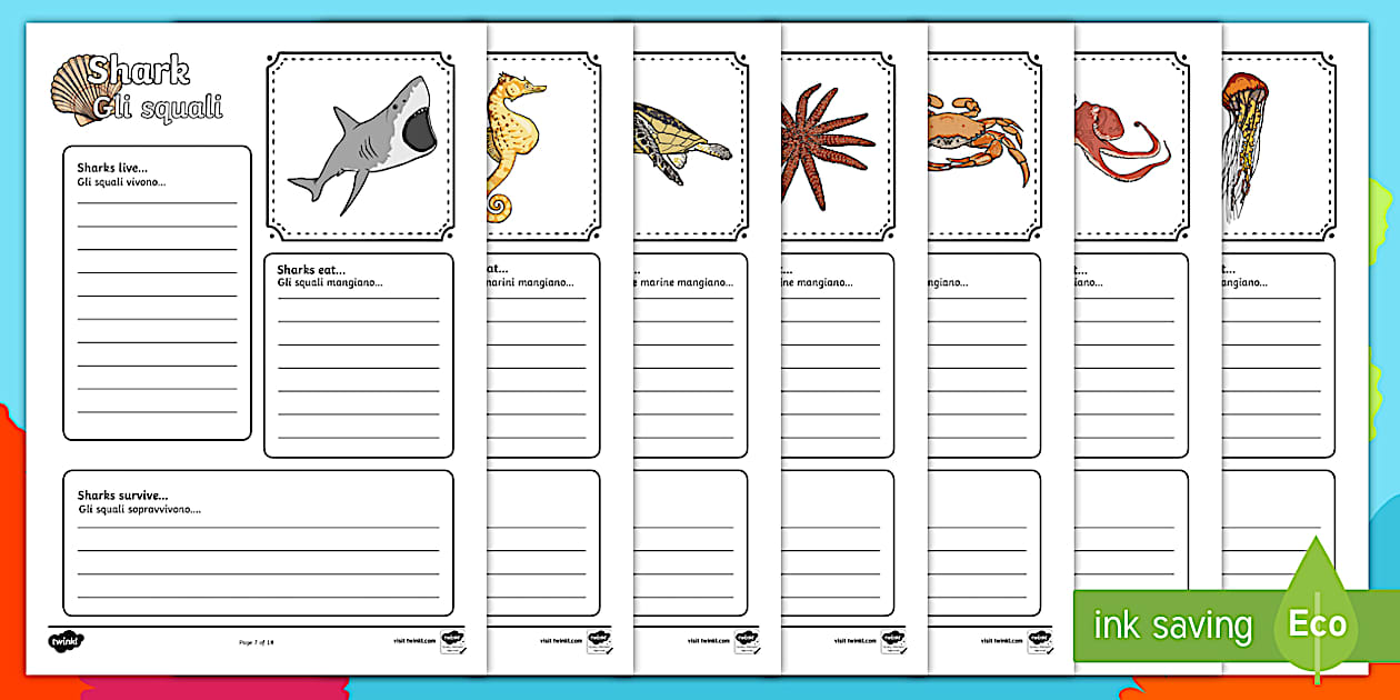 Editable Sea Creatures Fact File Worksheets (Under the Sea) English/Italian