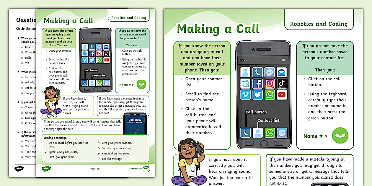 Grade 2 Robotics and Coding - How to make a call. - Twinkl