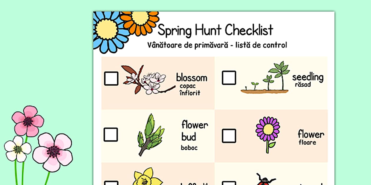 Black and White Spring Hunt Checklist Romanian Translation