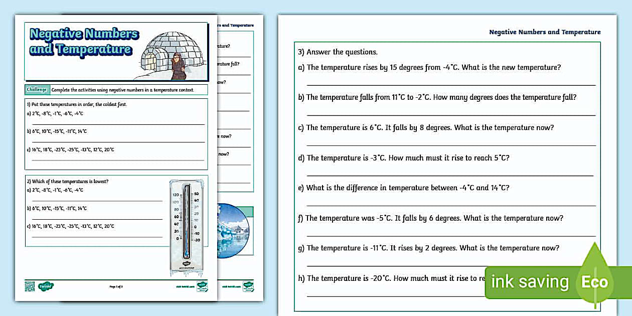 Negative Numbers and Temperature Activity Sheet - Twinkl