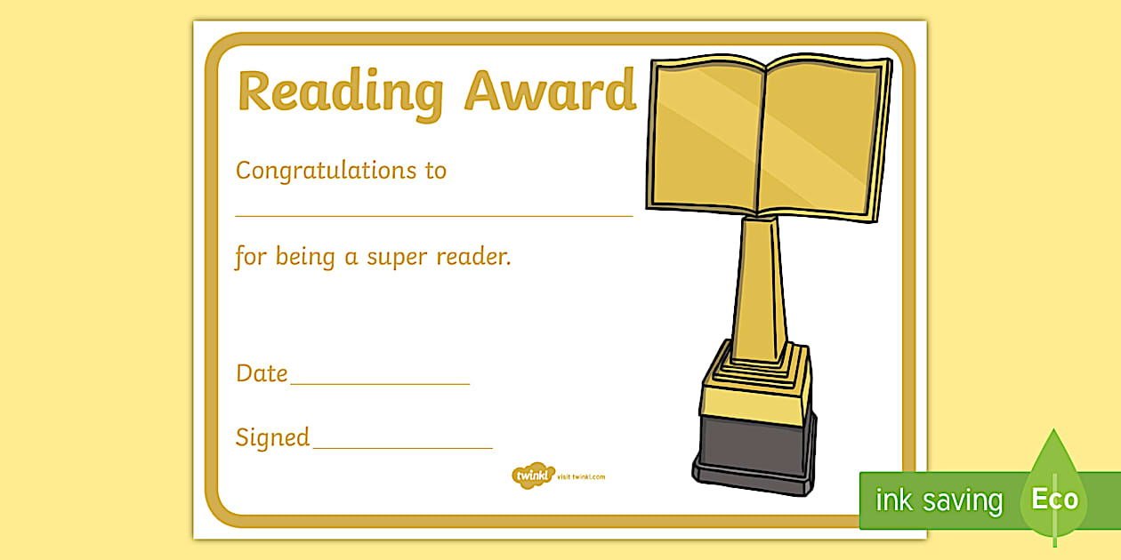 Reading Award Certificate (teacher made) - Twinkl