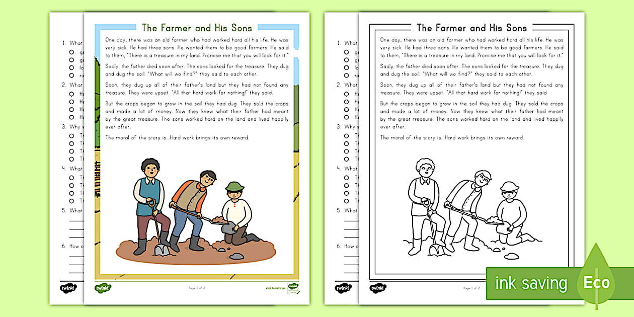 Second Grade The Farmer and His Sons Reading Comprehension Worksheet