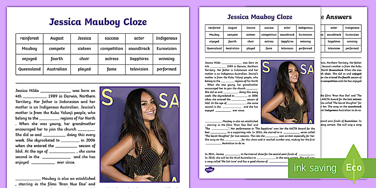 Jessica Mauboy Cloze Worksheet (Hecho por educadores)