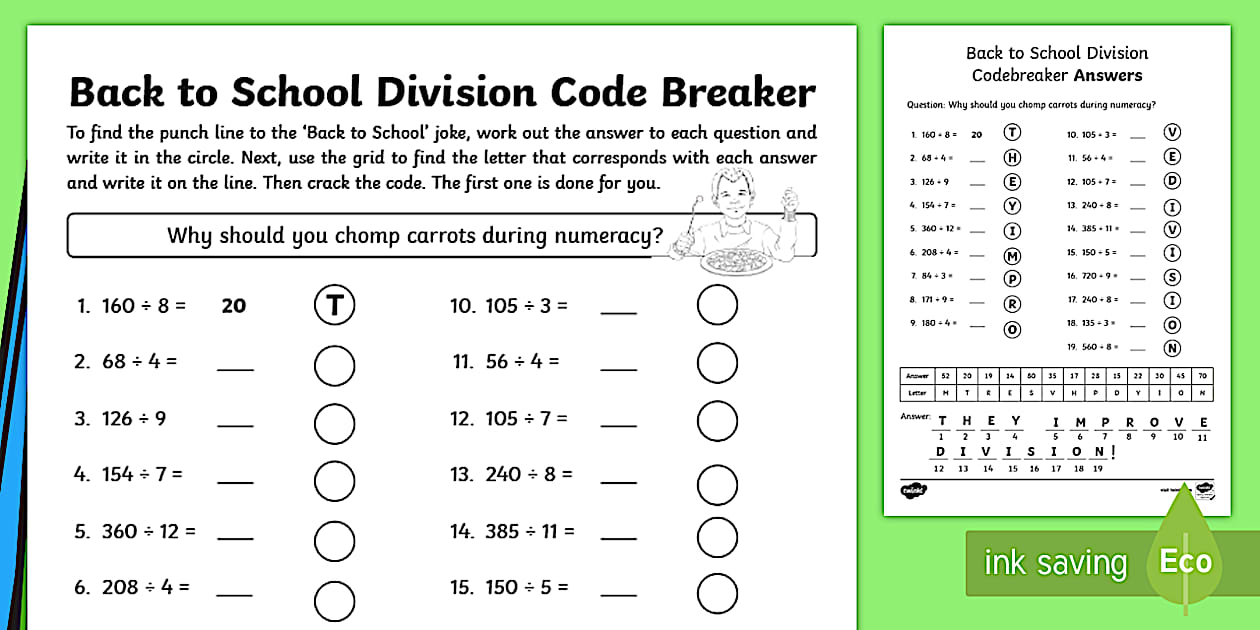Black and White Back to School Joke Division Code Breaker Worksheet