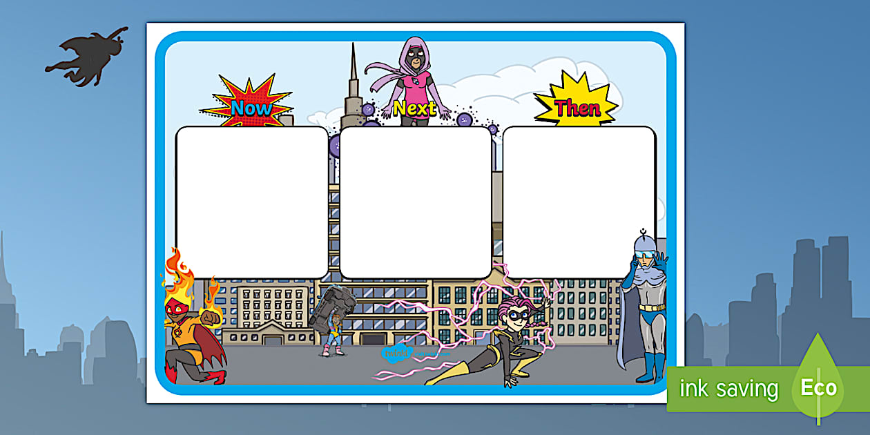 Editable Superhero-Themed Now, Next, Then Visual Aid