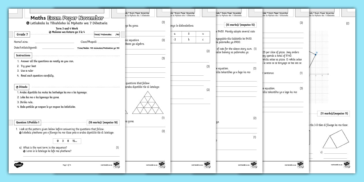 Grade 7 Maths Exam Paper November – Nso/Eng CAPS Aligned