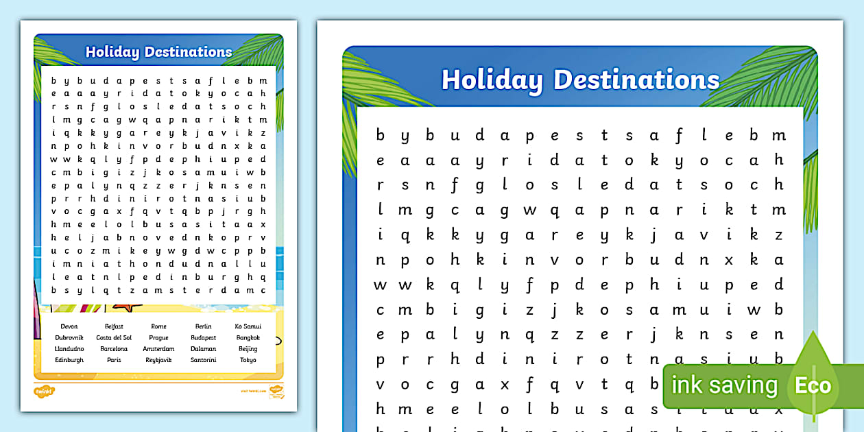 Black and White Holiday Destinations Word Search - Twinkl
