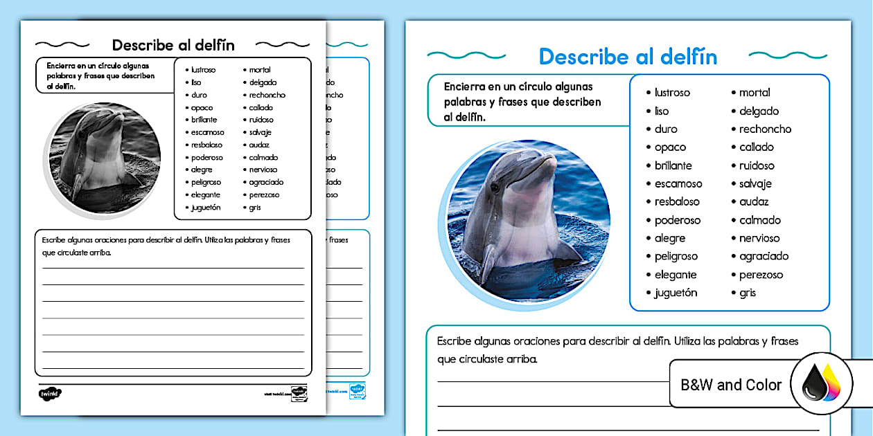 Actividad de escritura: Describe al delfín - Twinkl