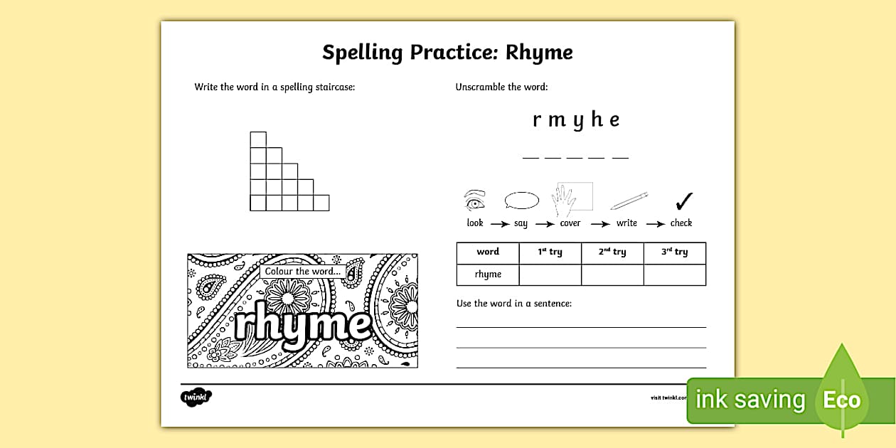 Rhyme Spelling Practice Worksheet (Teacher-Made) - Twinkl