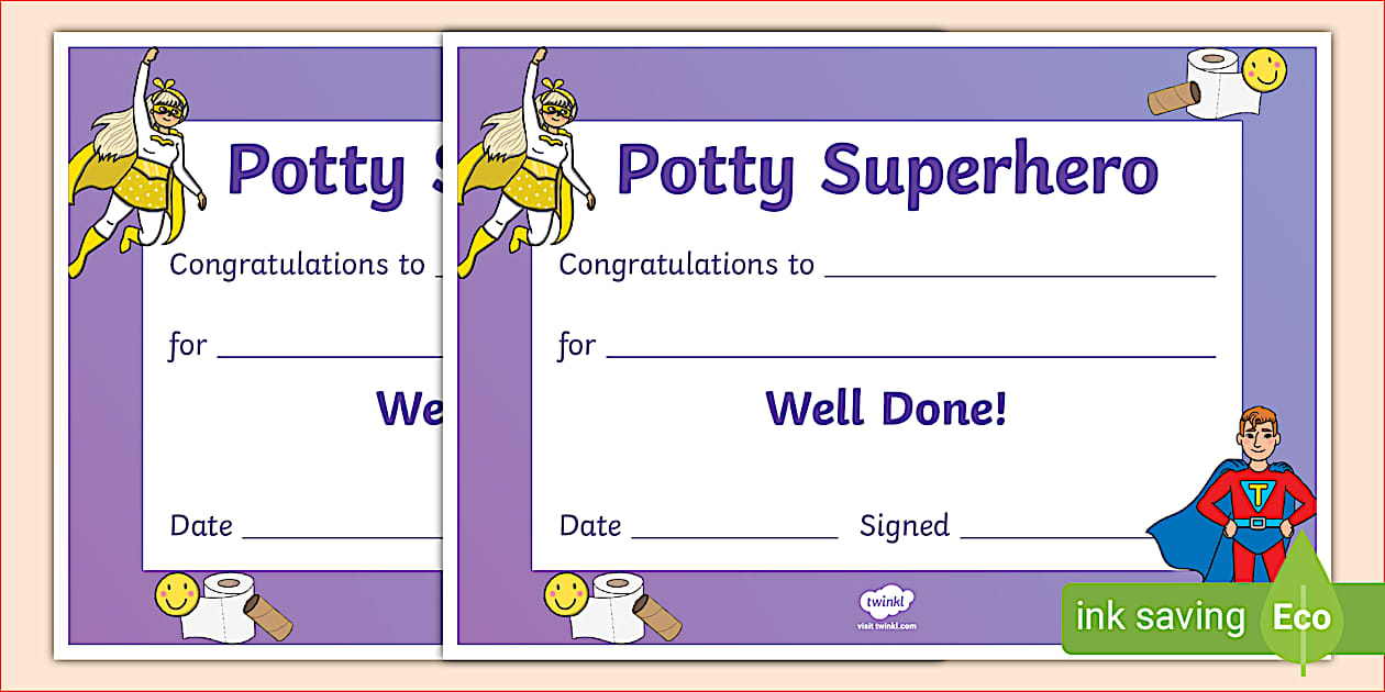 Black and White Potty Superhero Certificate (teacher made)