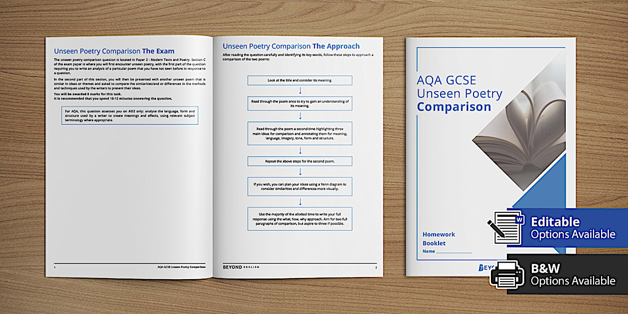 AQA Unseen Poetry Comparison Homework Task Booklet - Twinkl