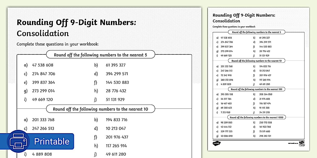 Rounding Off 9-Digit Numbers - Consolidation Activity Sheet
