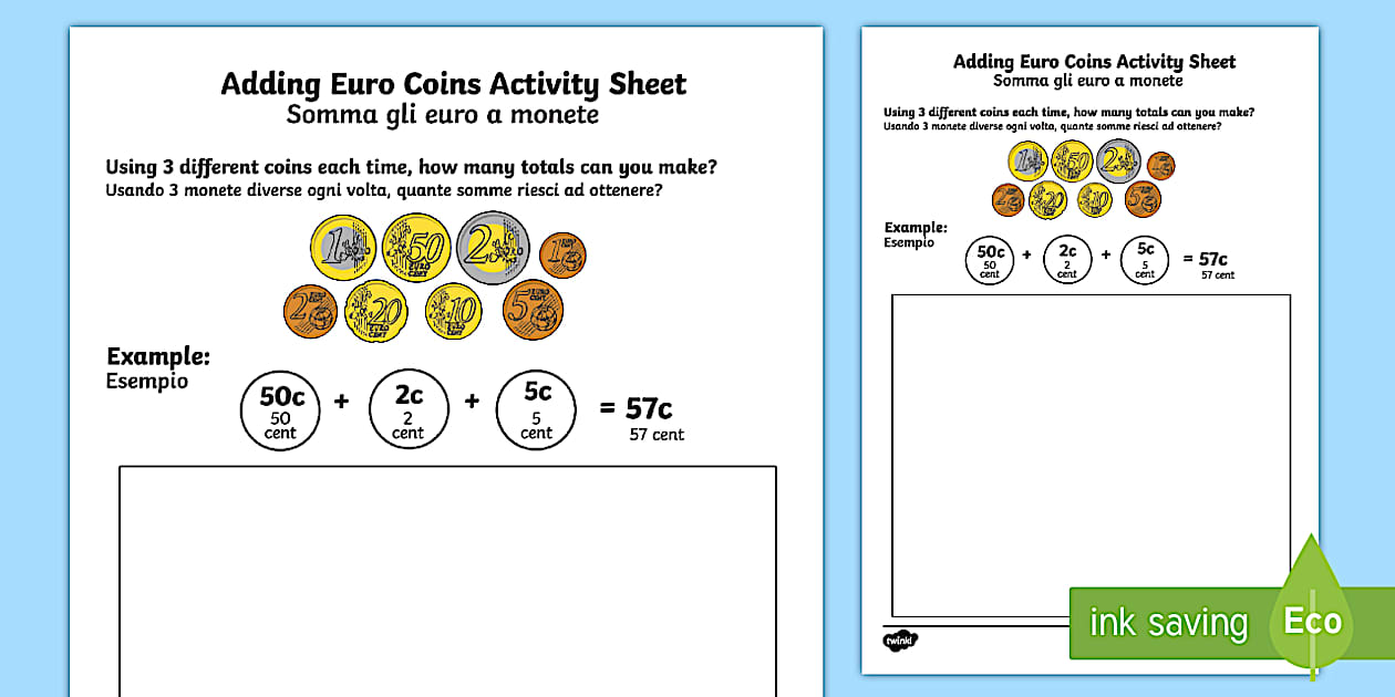 Adding Euro Coins Worksheet / Worksheet English/Italian