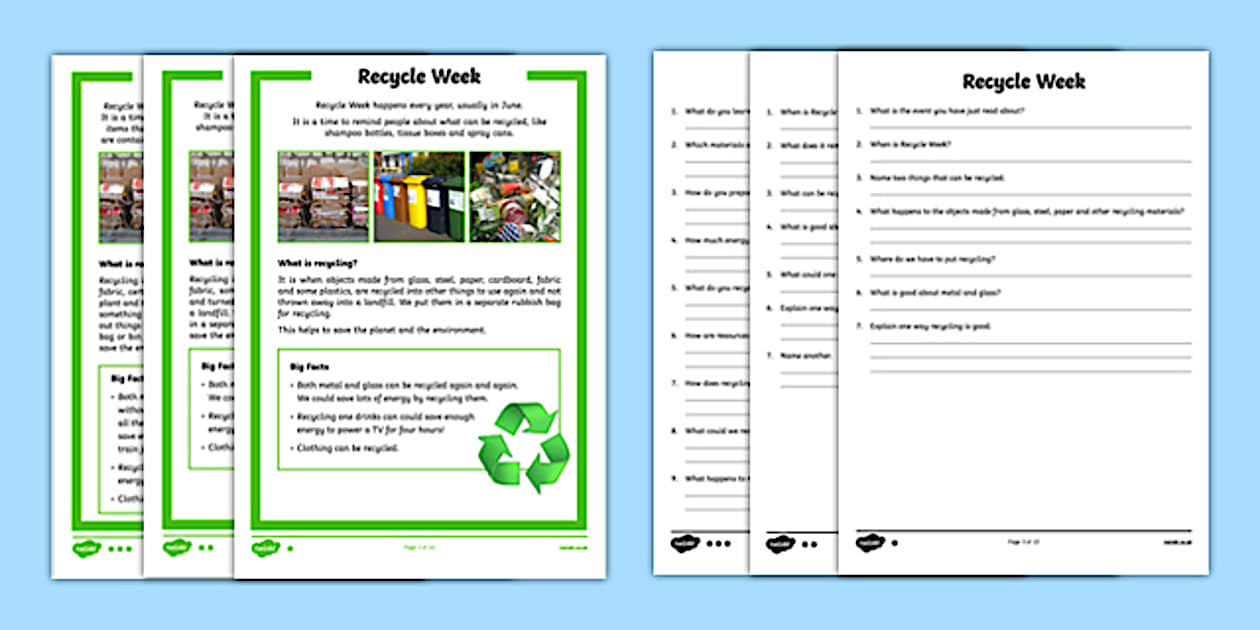 Recycle Week Differentiated Reading Comprehension Activity