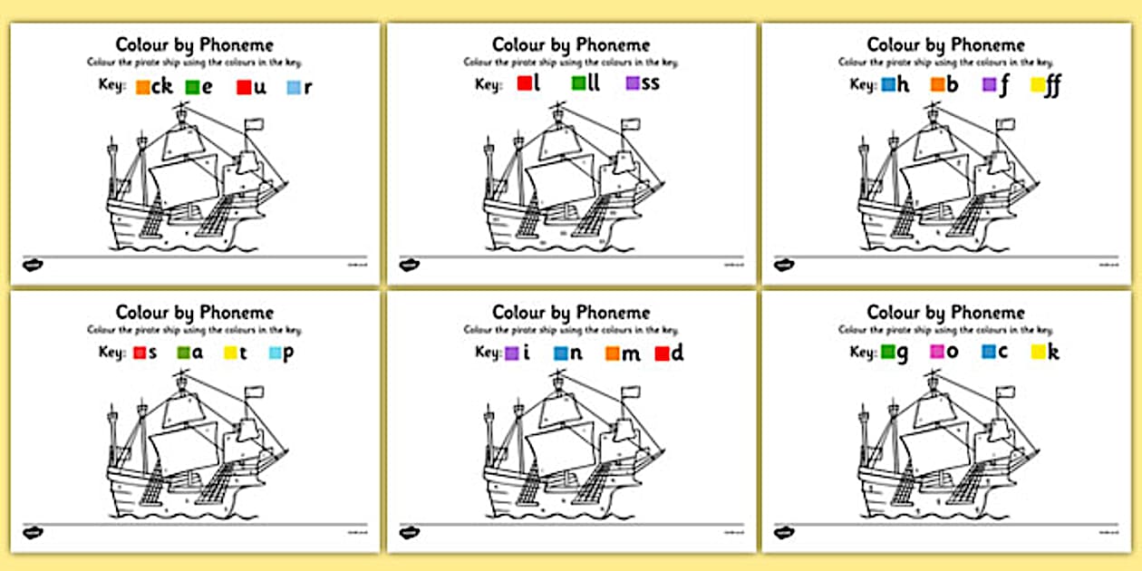 Colour by Phoneme Pirate Ship Phase 2 Activity Pack - Twinkl