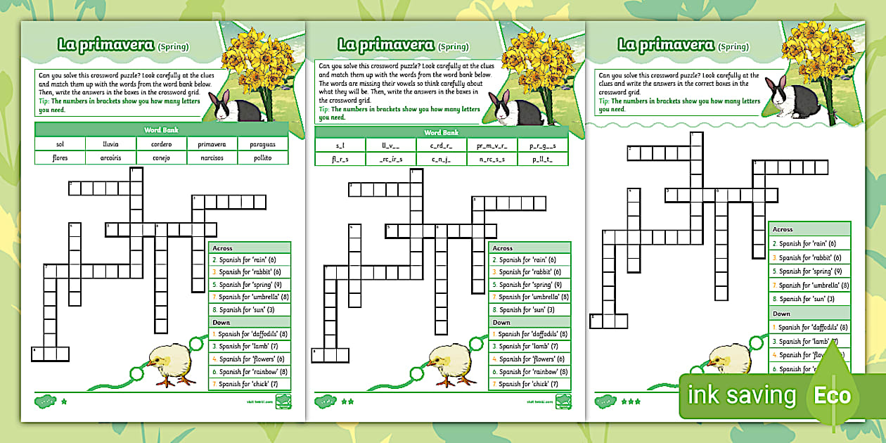 Spanish: Spring Vocabulary Crossword (teacher made) - Twinkl