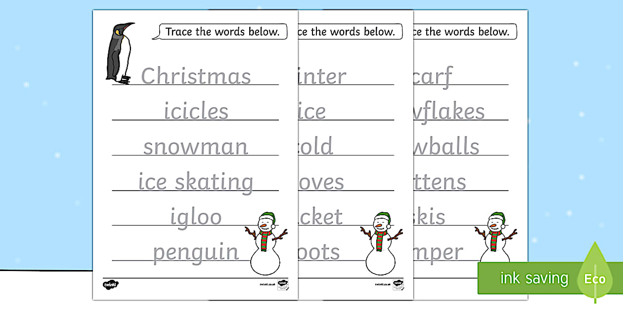 Black and White Winter Themed Trace The Words Activity