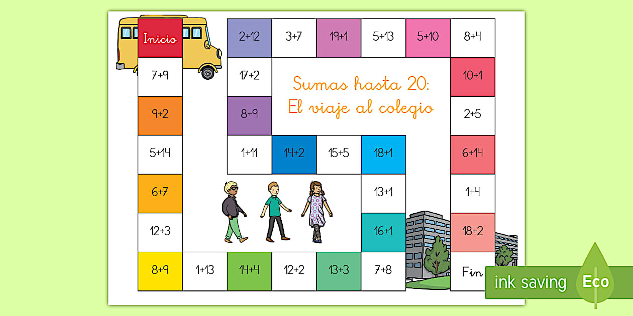 Juego de mesa: Sumas hasta 20 - El viaje al colegio - Twinkl