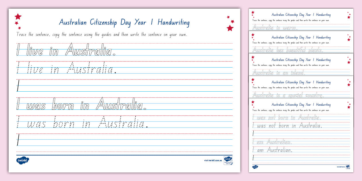 Australian Citizenship Day Year 1 Handwriting Practice Worksheet