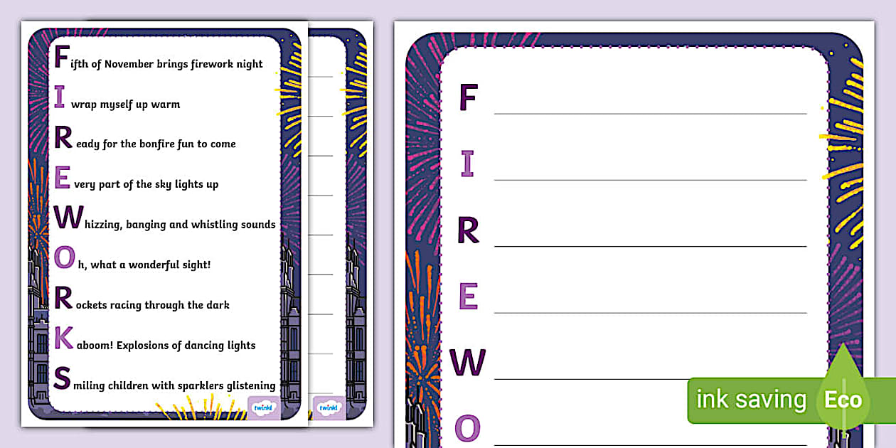 Fireworks Acrostic Poem Example (teacher made) - Twinkl